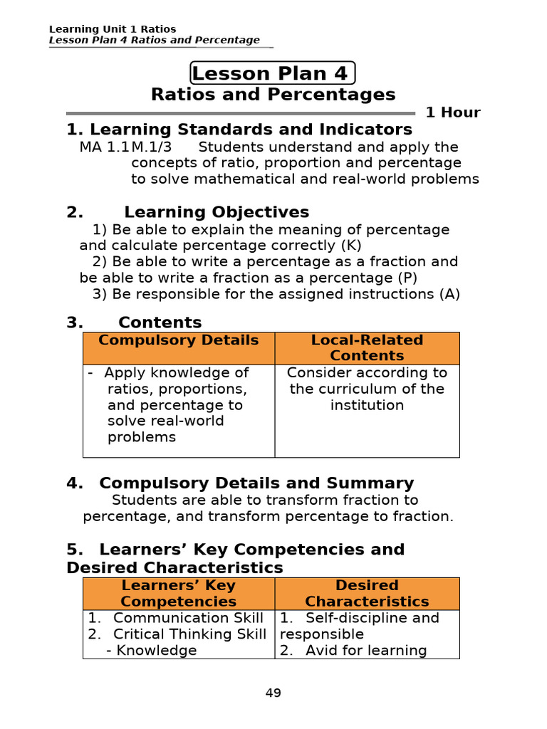 Lesson Plan 1-4 Ratios and Percentages | PDF | Learning | Lesson Plan