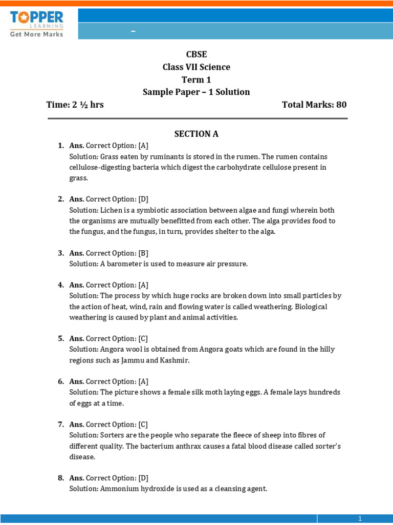 CBSE Class VII Science Sample Solutions | PDF | Soil | Stoma
