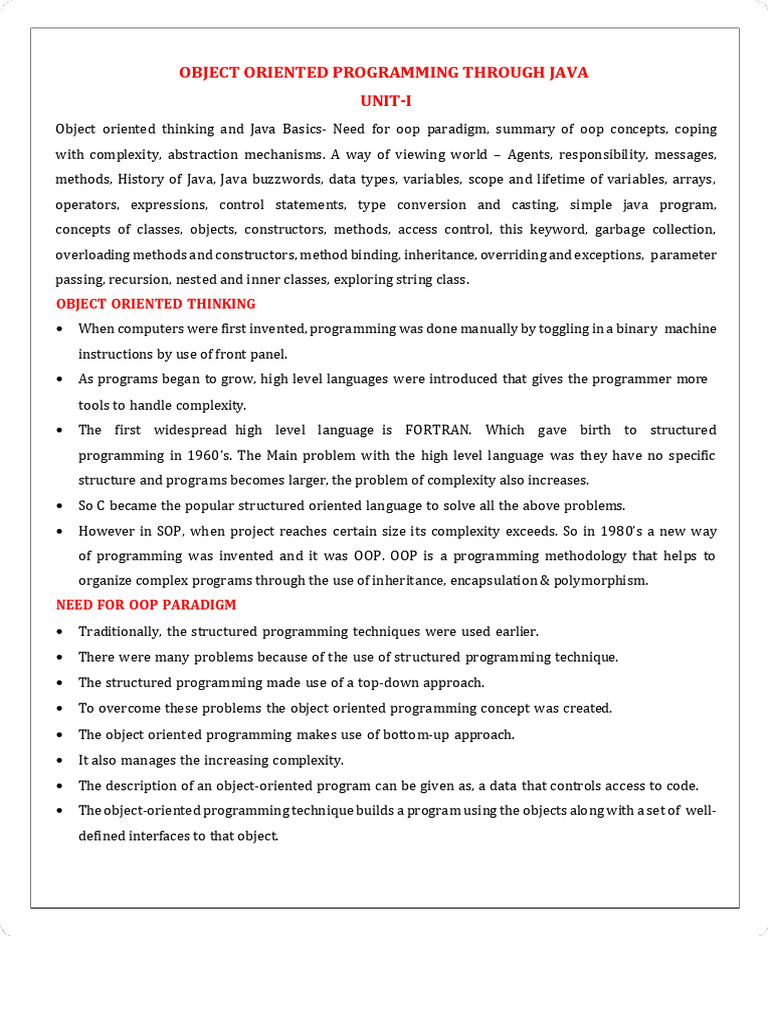 Unit 1 | PDF | Object Oriented Programming | Method (Computer Programming)