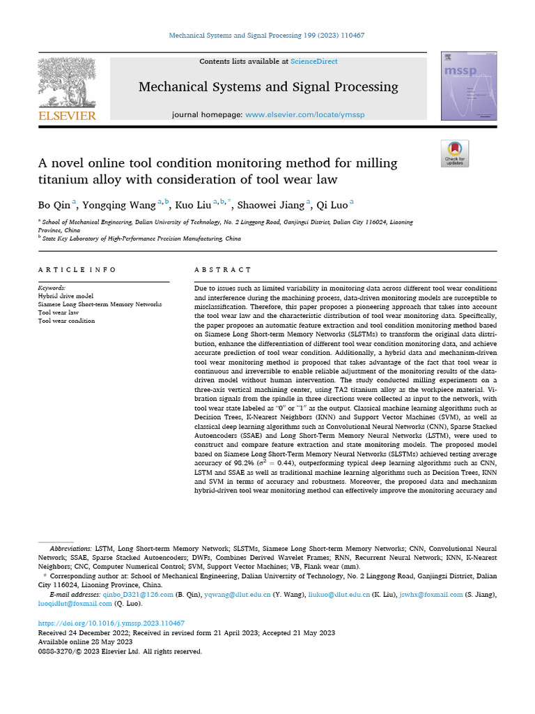 A Novel Online Tool Condition Monitoring Method For Milling 2024 | PDF | Deep Learning | Machine ...