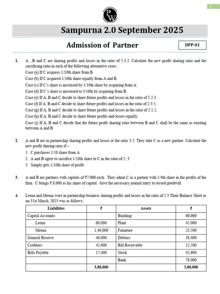 Admission of Partner - DPP 01 PDF | PDF | Balance Sheet | Goodwill (Accounting)