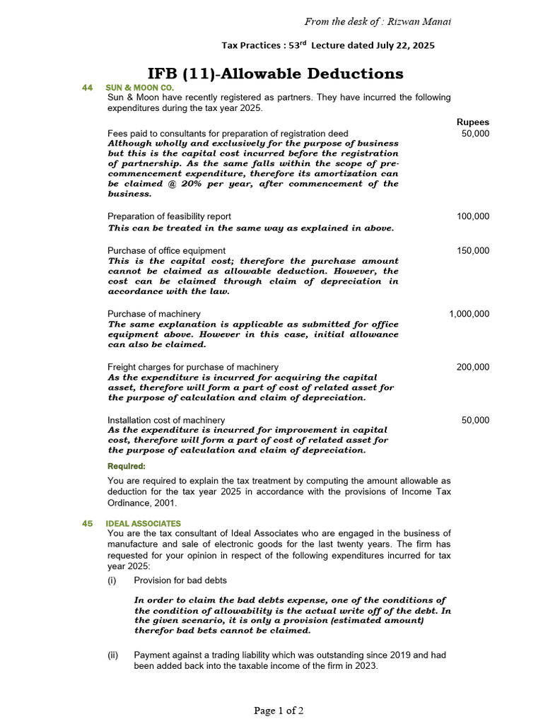 53.IFB (11) - Allowable Deductions With Answers - 22.7.2025 | PDF | Expense | Tax Deduction
