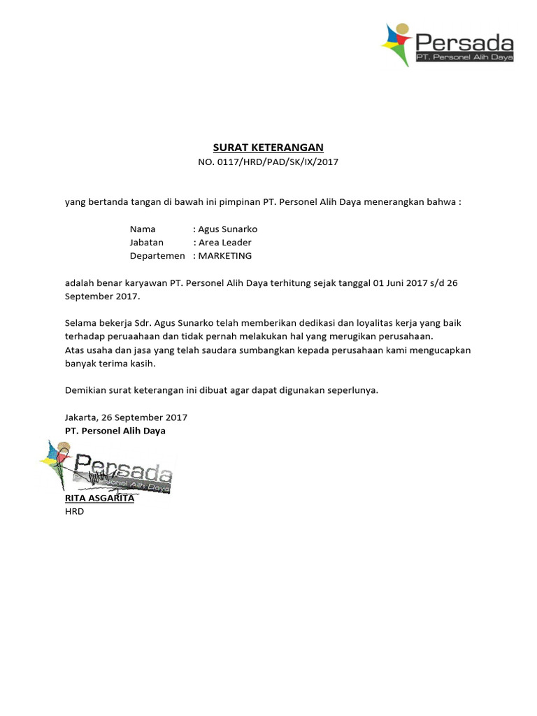 Surat Keterangan Karyawan Agus Sunarko | PDF