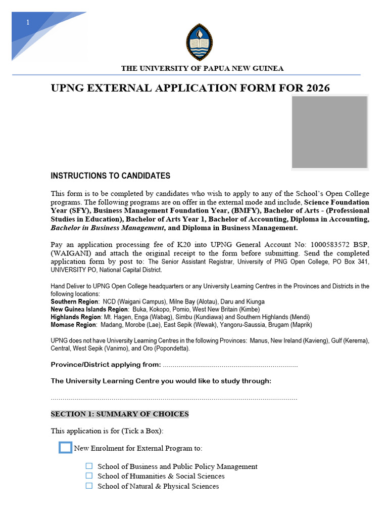 UPNG External Application Form 2026 | PDF | Bachelor's Degree | Science