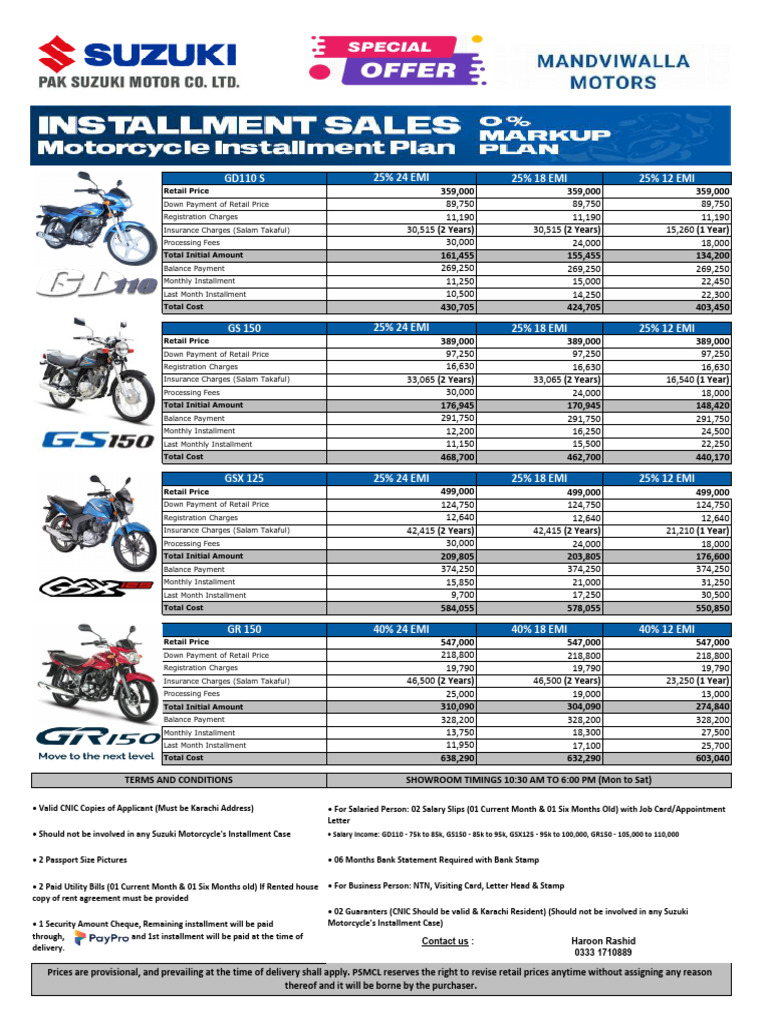Motorcycle Installment Plan MF OCT 2024 | PDF | Fee | Payments