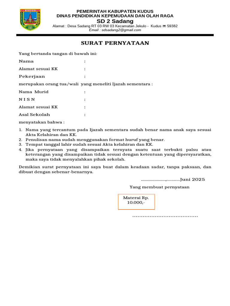 Surat Pernyataan Materai 10000 | PDF