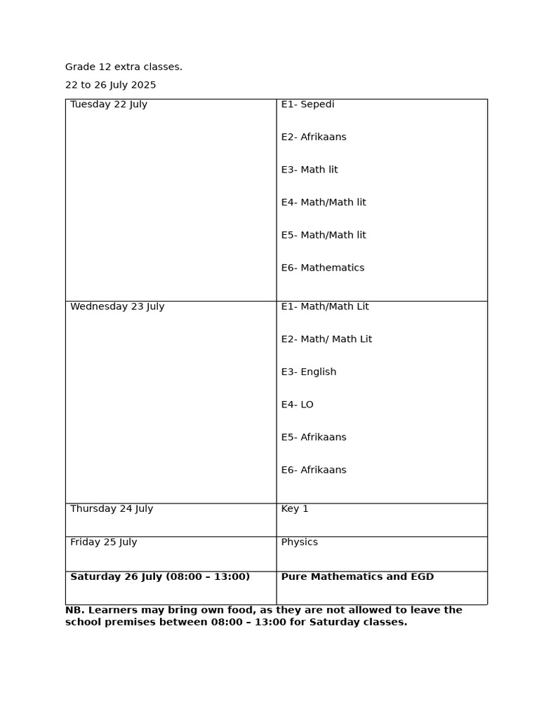 Grade 12 Extra Classes Schedule 2025 | PDF