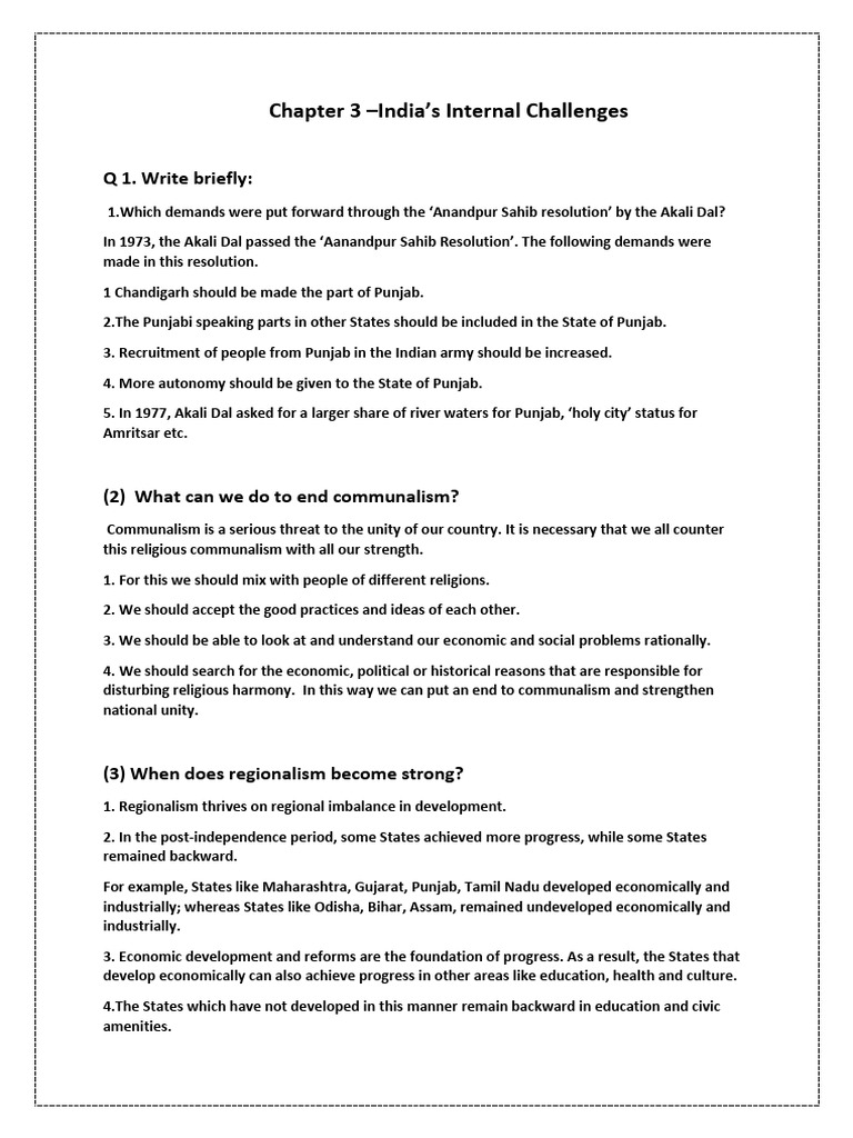 STD 9 Chapter-3 India's Internal Challenges | PDF | Punjab