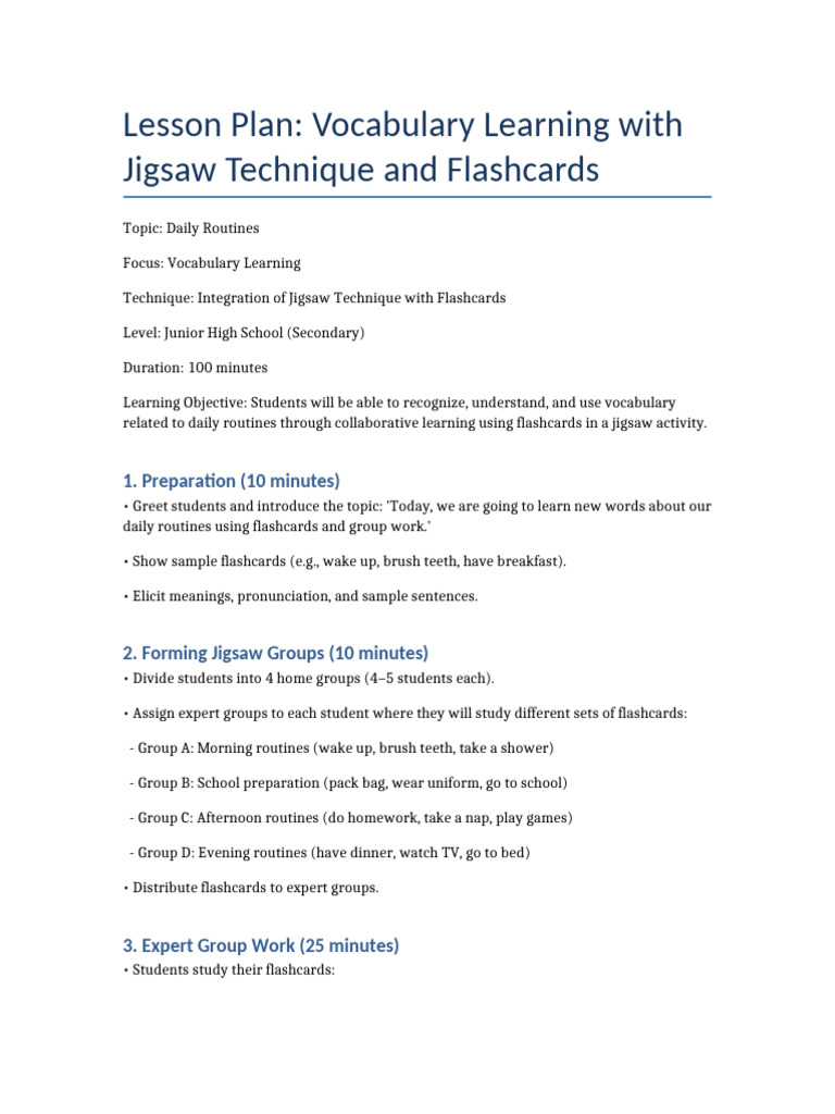 Lesson Plan Integration of Jigsaw With Flashcards - Daily Routines | PDF | Vocabulary | Lesson Plan
