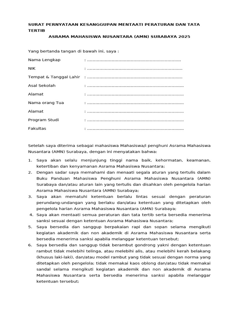 Surat Pernyataan Menaati Aturan 2025 | PDF