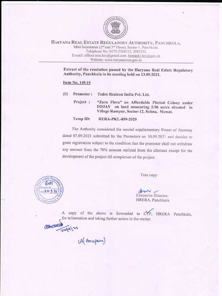 Zara Flora RERA Registration Sep2021 | PDF