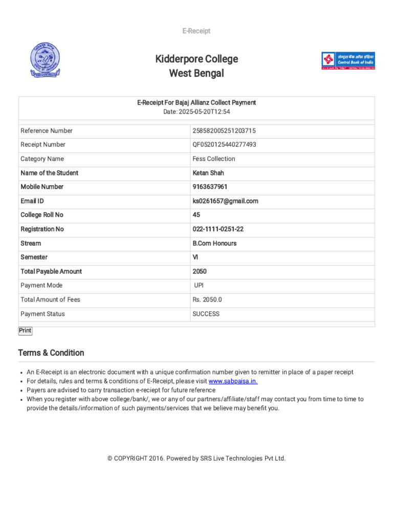 Kidderpore College E-Receipt for Fees | PDF