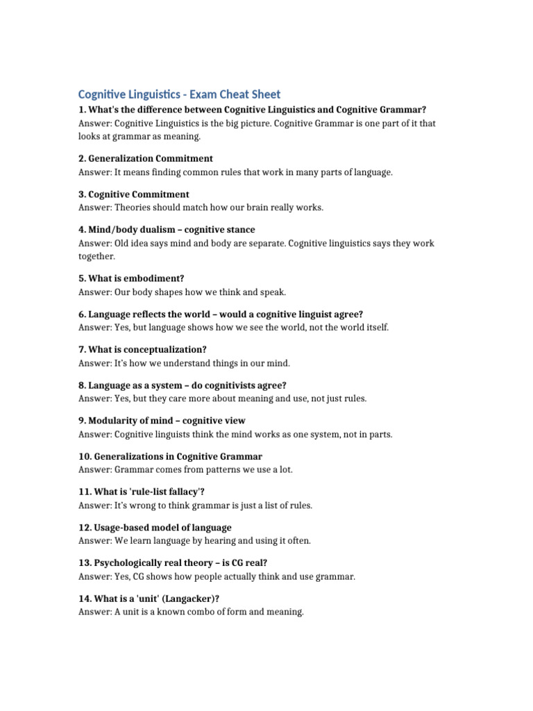 Cognitive Linguistics Exam Cheat Sheet | PDF | Mind | Cognition