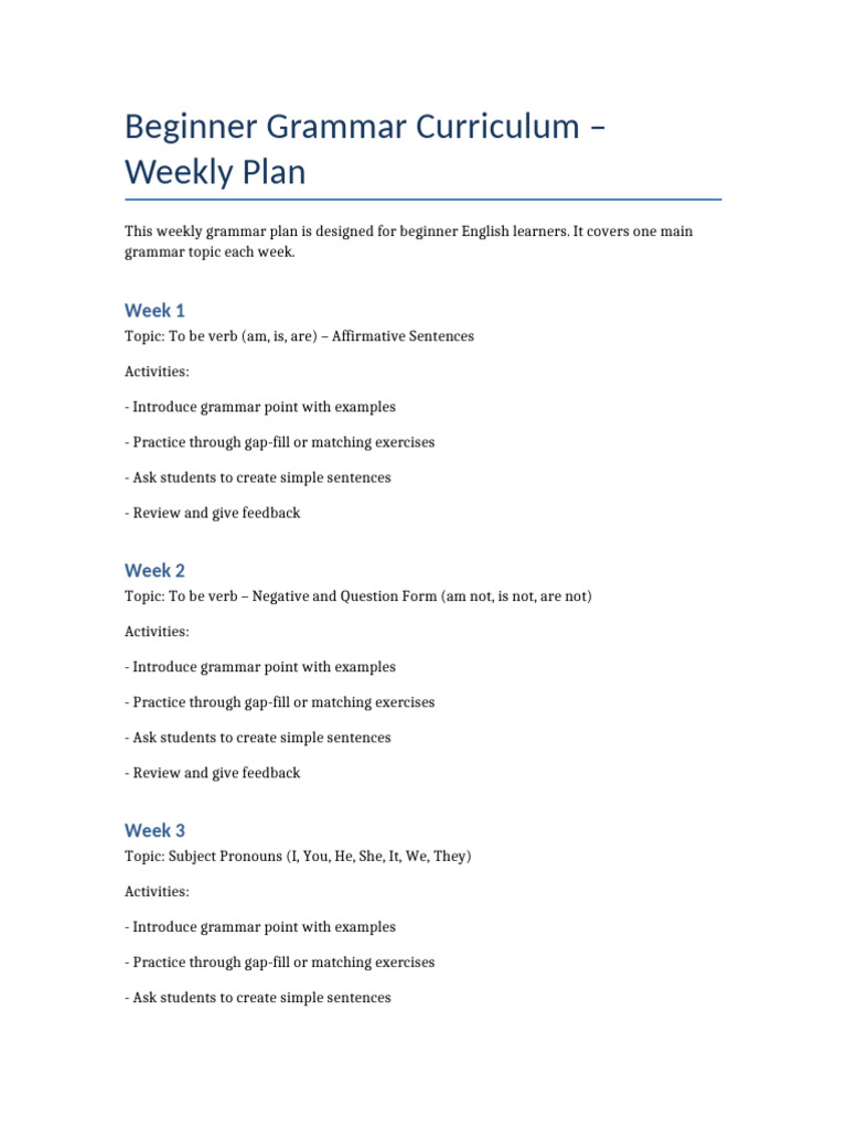 Beginner English Grammar Weekly Plan | PDF | Verb | Morphology