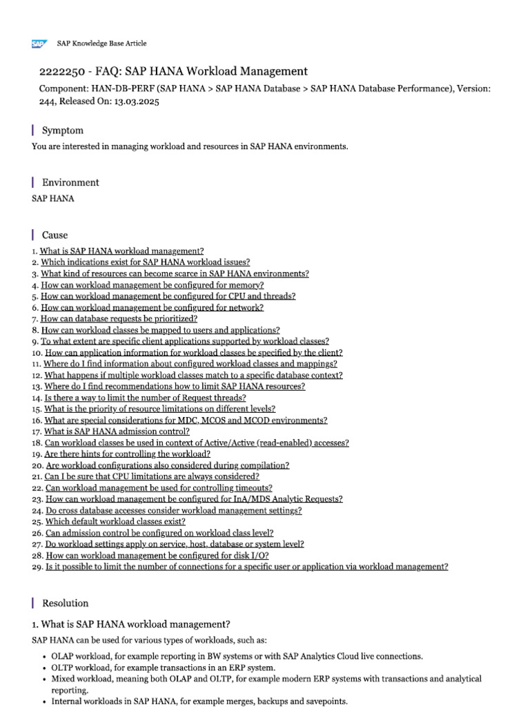 SAP HANA Workload Management | PDF