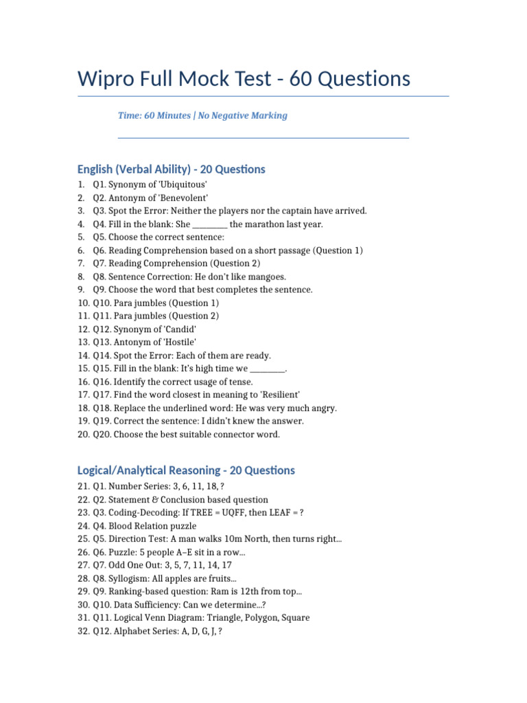 Wipro Mock Test: 60 Questions Guide | PDF