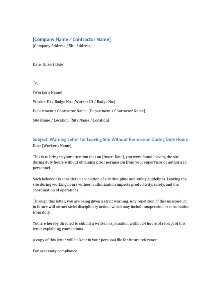 Warning for Leaving Site Without Permission | PDF