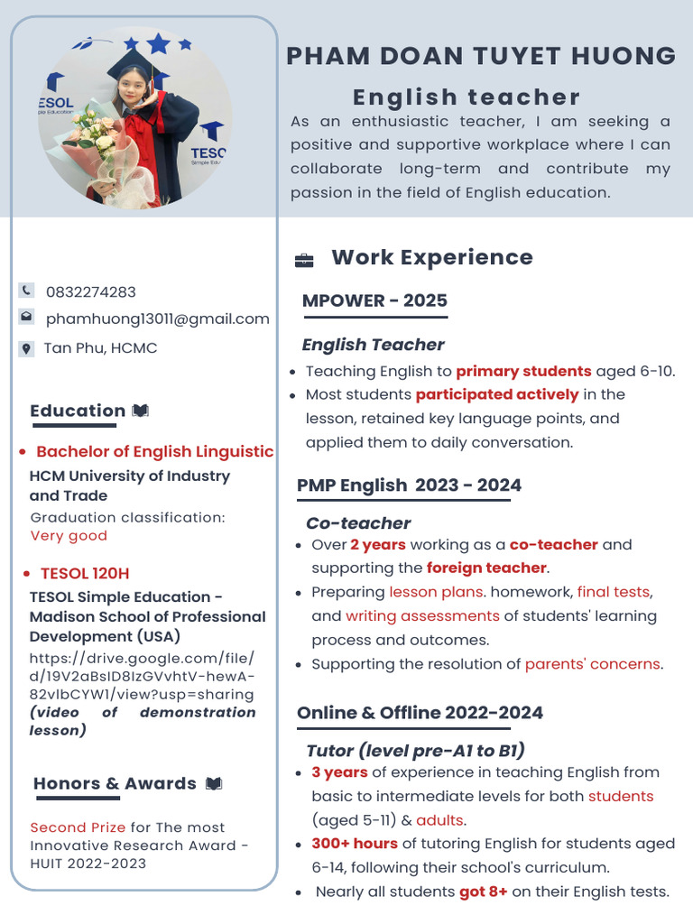 CV - English Teacher - Pham Doan Tuyet Huong | PDF