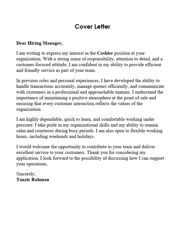 Cover Letter MD Tanzir Rahman (Cashier) | PDF