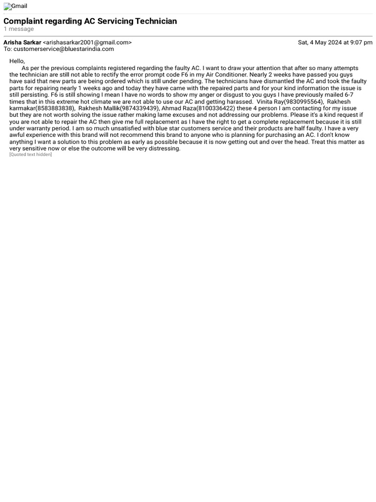 AC Service Complaint Escalation | PDF