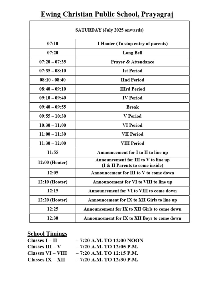 Revised Saturday Bell Timing W.E.F July 2025 | PDF