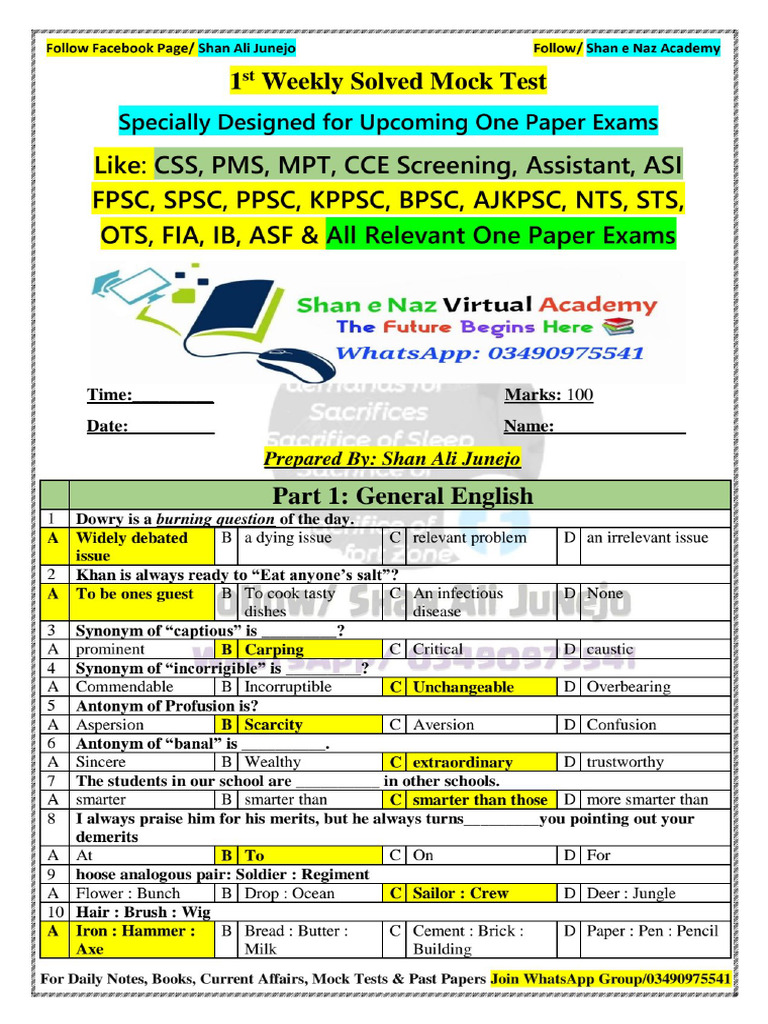 1st Solved Mock Test - For ECP - FBR - CCE and All One Paper Exams ...