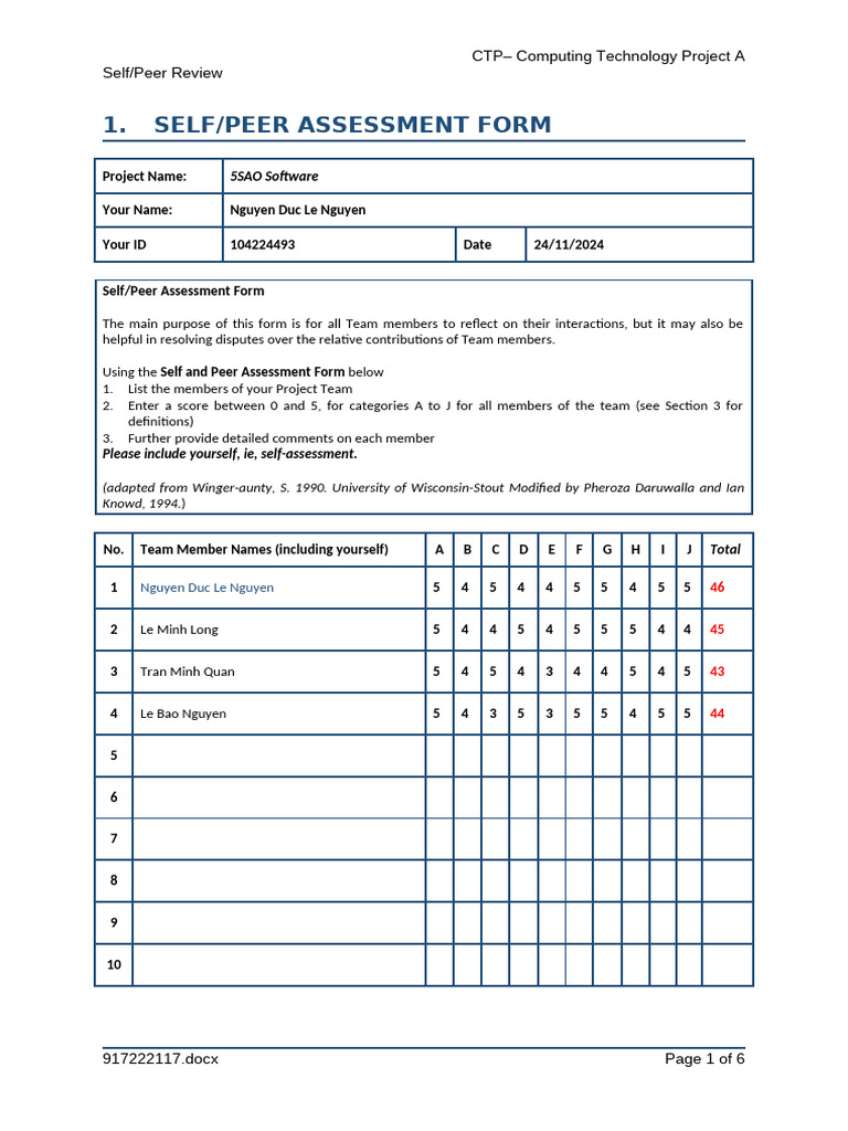CTP - Self-Peer Assessment Form End-Sem | PDF | Psychology | Social ...