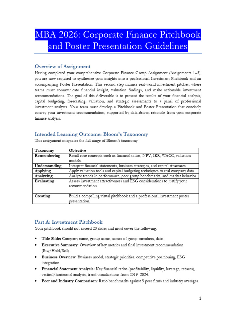 MBA 2026 Corporate Finance Pitchbook Guide | PDF | Capital Budgeting ...