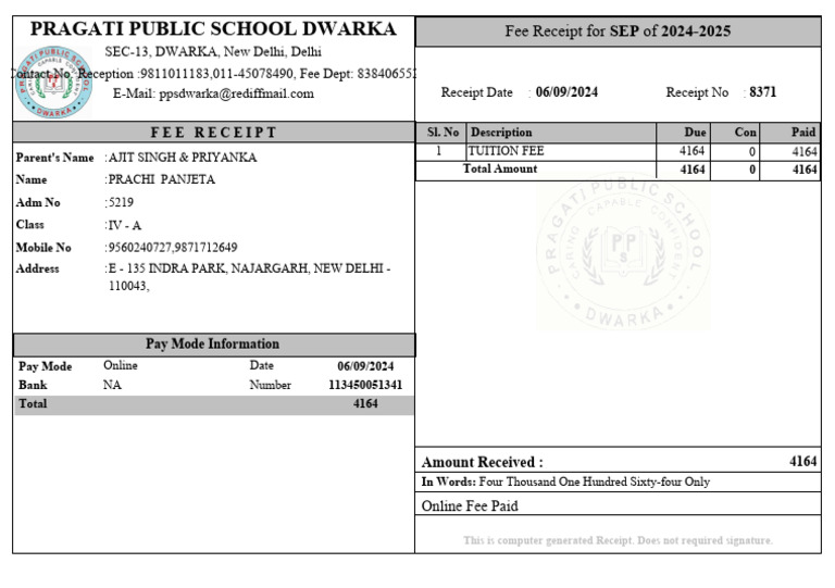 Parent Fee Receipt Prints | PDF