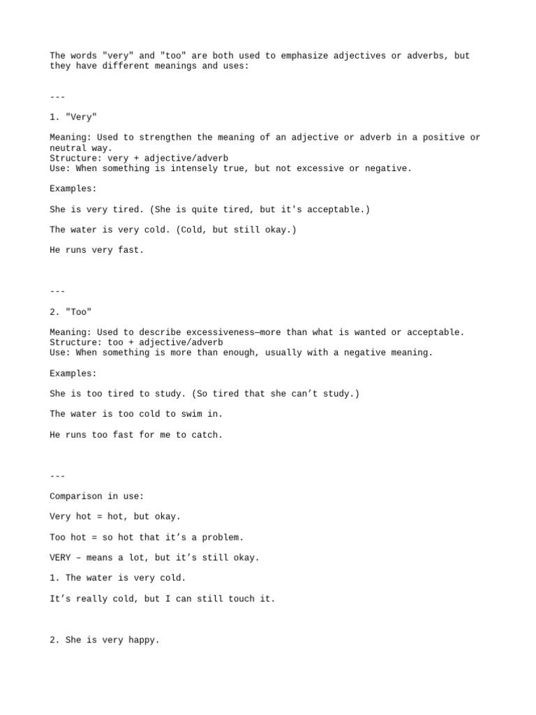 How To Use Very and Too | PDF