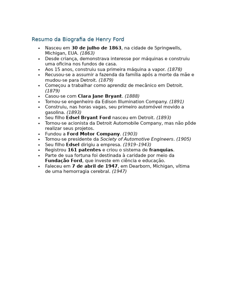 Biografia de Henry Ford: Vida e Legado | PDF