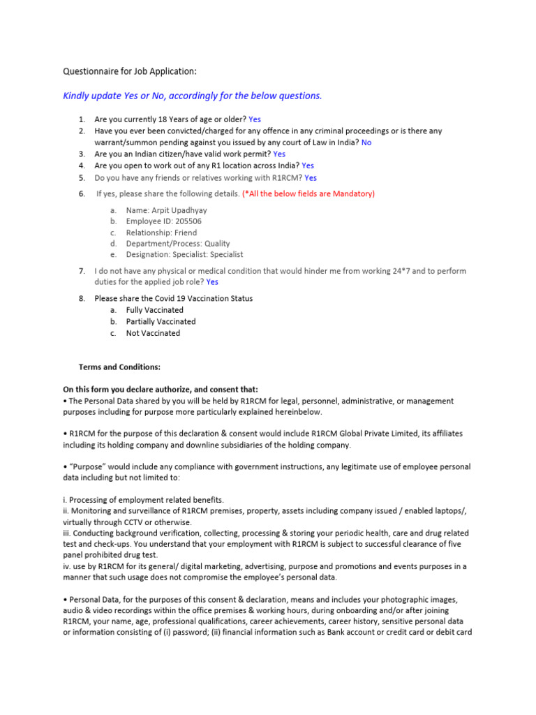 R1RCM Job Application Questionnaire | PDF | Privacy