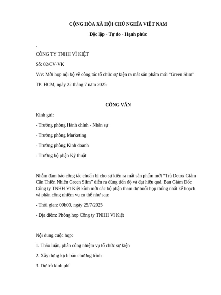 Cong Van Moi Hop Noi Bo Vi Kiet | PDF