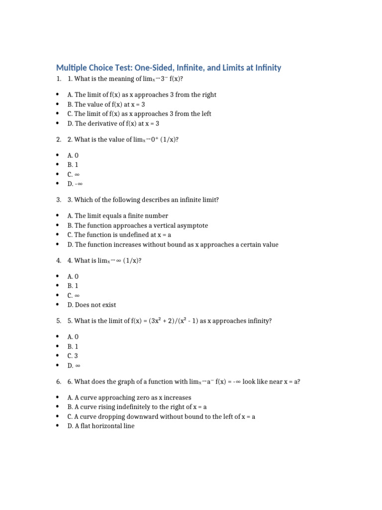 One Sided Infinite Limits Test | PDF