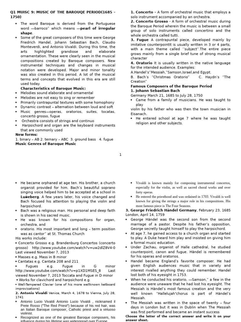 Q1 Muisc 9 Music of The Barouqe Period (1685 - 1750) Final | PDF ...