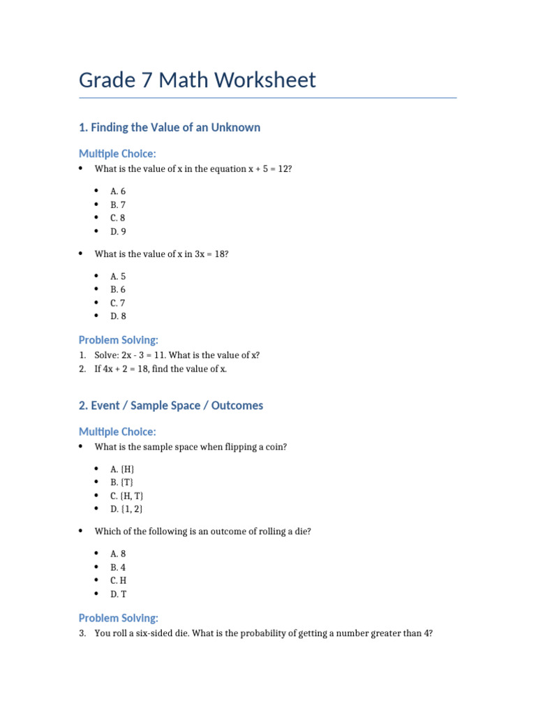 Grade 7 Math Worksheet All Topics | PDF