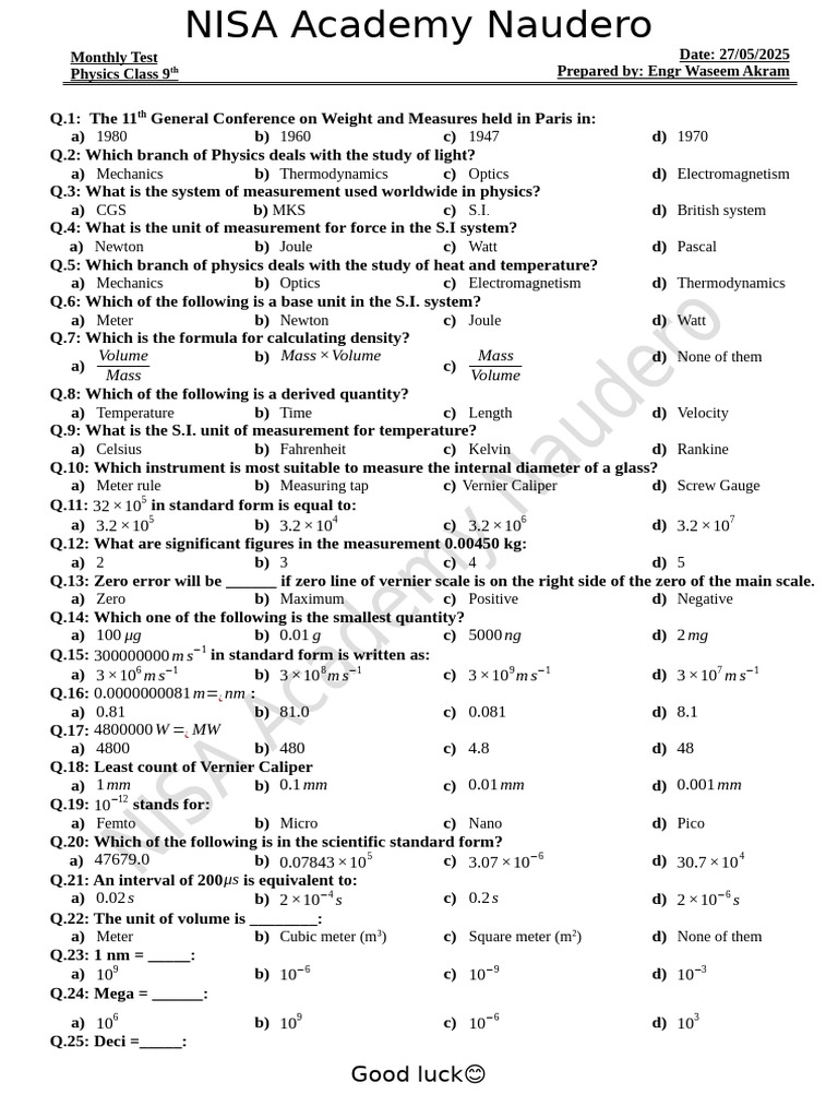 Physics Test for 9th Grade - Month 1 | PDF | Temperature ...