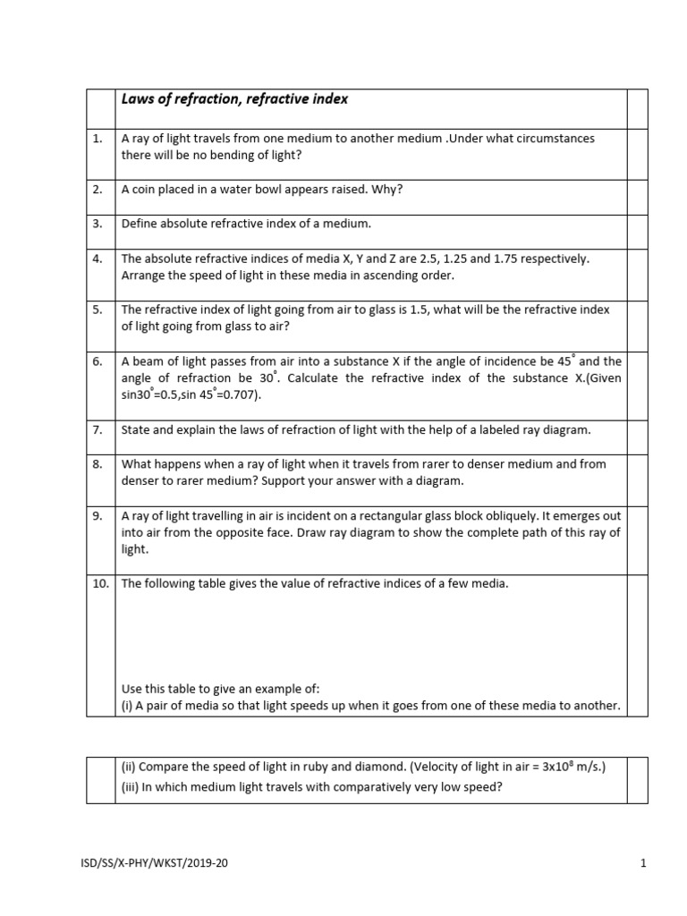 Worksheet - Refraction of Light | PDF | Optics | Light