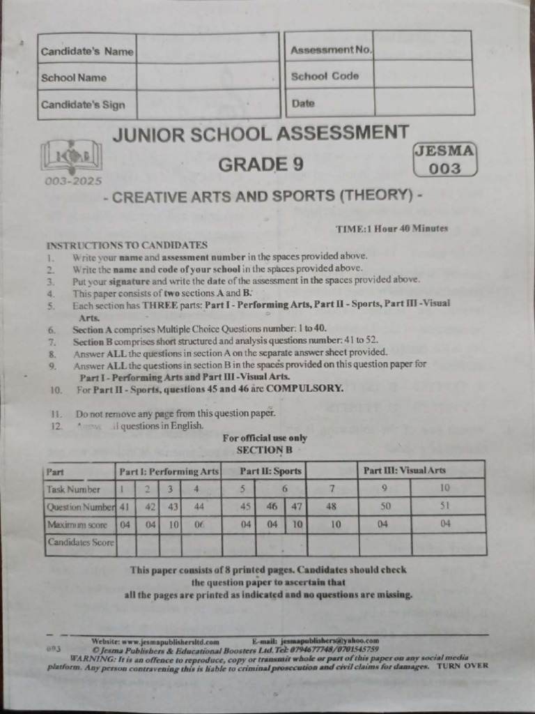 Grade 9 003 Jesma All Subjects With Marking Scheme PDF | PDF