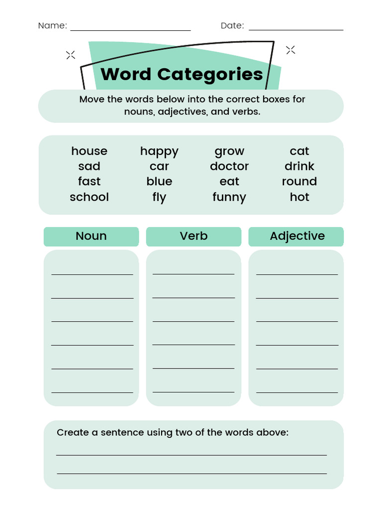 Grammar Worksheet Word Categories | PDF