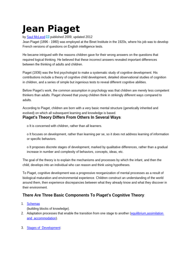 Cognitive Theory of Piaget | PDF | Schema (Psychology) | Cognitive ...