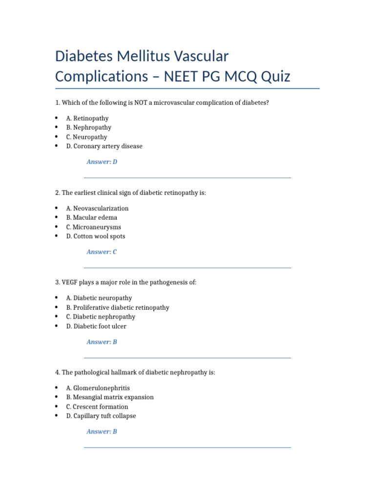 Diabetes Vascular Complications Quiz | PDF | Diabetes | Atherosclerosis