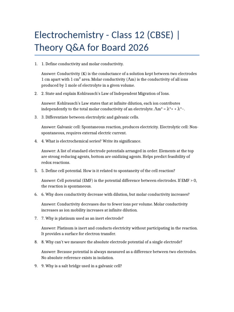 Electrochemistry Theory QA Class12 | PDF | Electrochemistry | Electrode