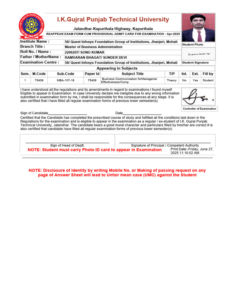 Student AdmitCard | PDF