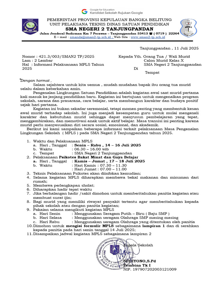 MPLS SMA Negeri 2 Tanjungpandan 2025 | PDF