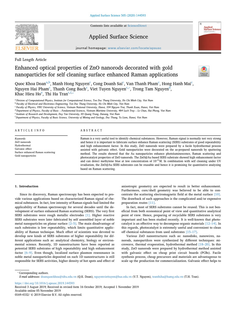 Enhanced Optical Properties of ZnO Nanorods Decorated With Gold Nanoparticles For Self Cleaning ...