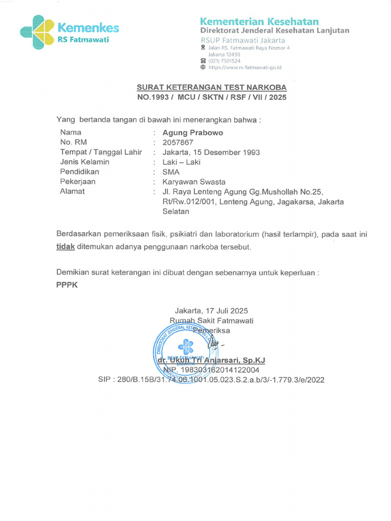 Surat Keterangan Bebas Narkoba Agung Prabowo | PDF
