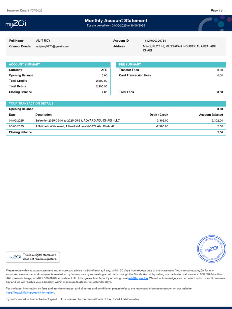 myZoi Account Statement Summary | PDF | Credit Card | Banking
