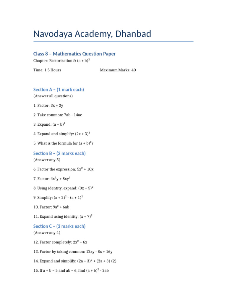 Class 8 Math: Factorization & Expansion | PDF