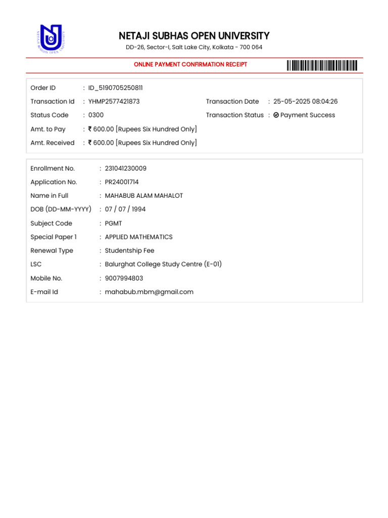 NSOU - PG Online Payment Confirmation Receipt | PDF